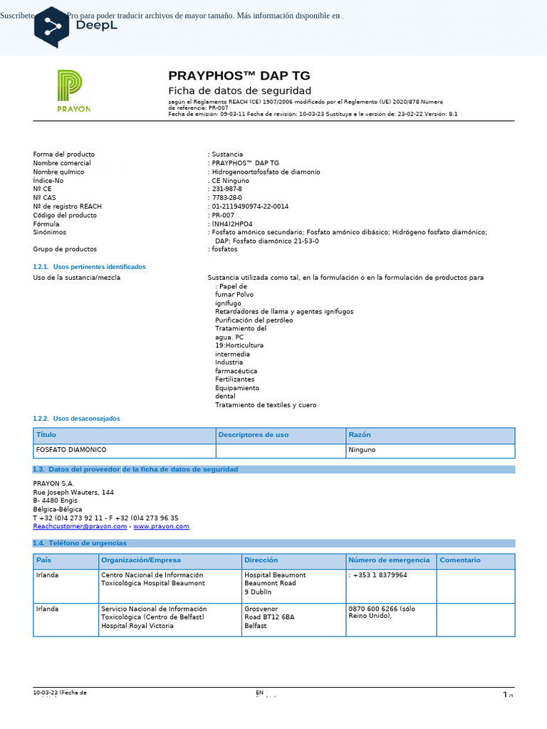 Fosfato Diamonico TG Prayon - HDS es | PDF | Agua | Regulación