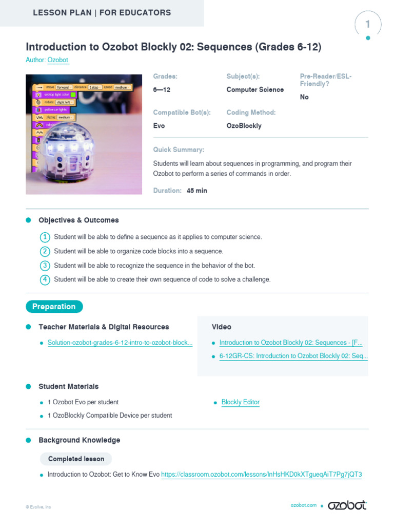 Introduction To Ozobot Blockly 02: Sequences (Grades 6-12) : 6-12 Computer Science No | PDF ...