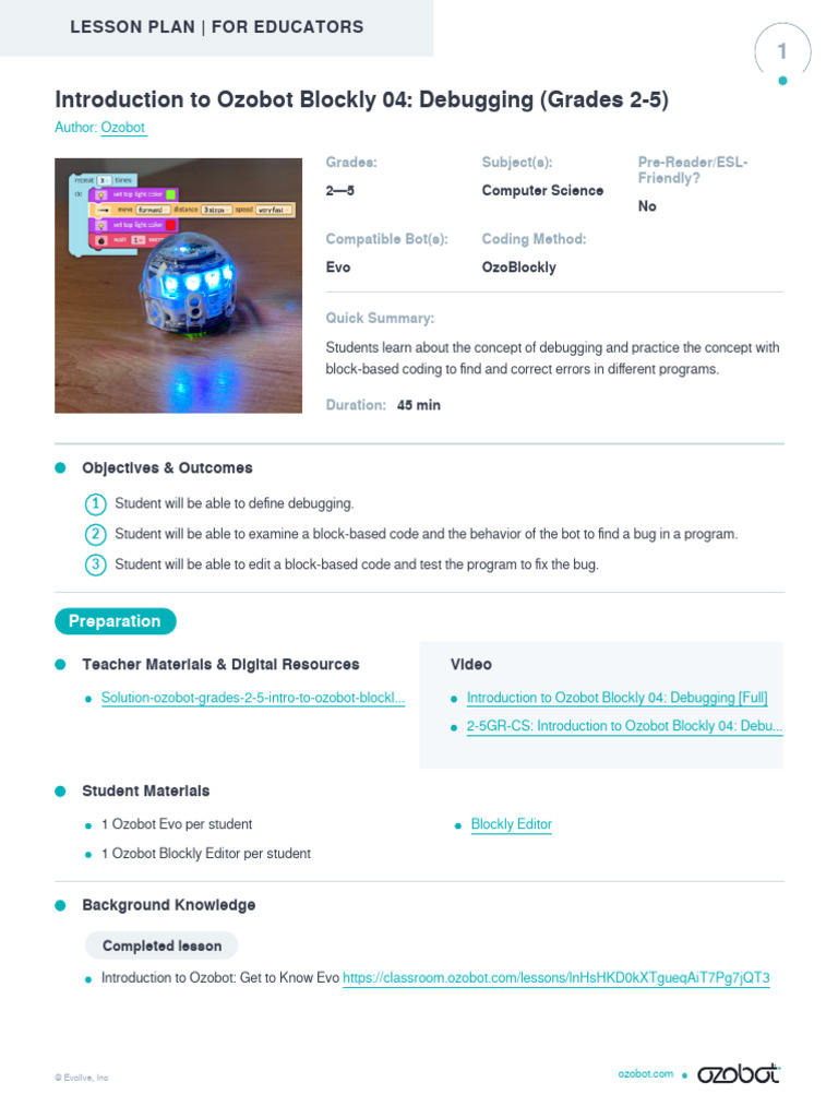 Introduction To Ozobot Blockly 04: Debugging (Grades 2-5) : 2-5 Computer Science No | PDF ...