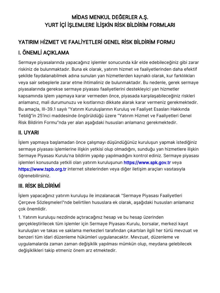 Midas Risk Bildirim Formu Ve Genel Çerçeve Sözleşmesi | PDF