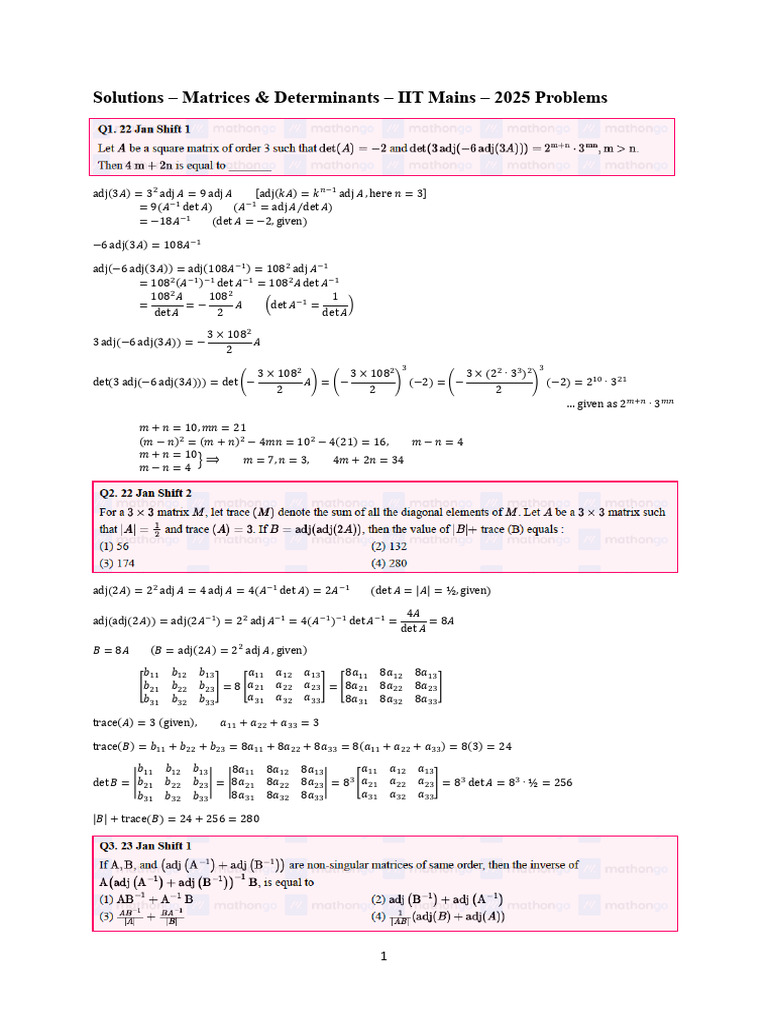 IIT Maths 2025 Matrices and Determinants Solution | PDF | Matrix Theory ...