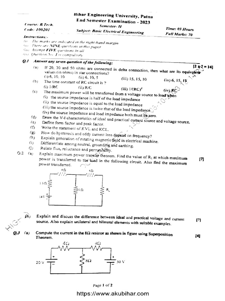 Btech 2 Sem Basic Electrical Engineering 100201 2023 | PDF