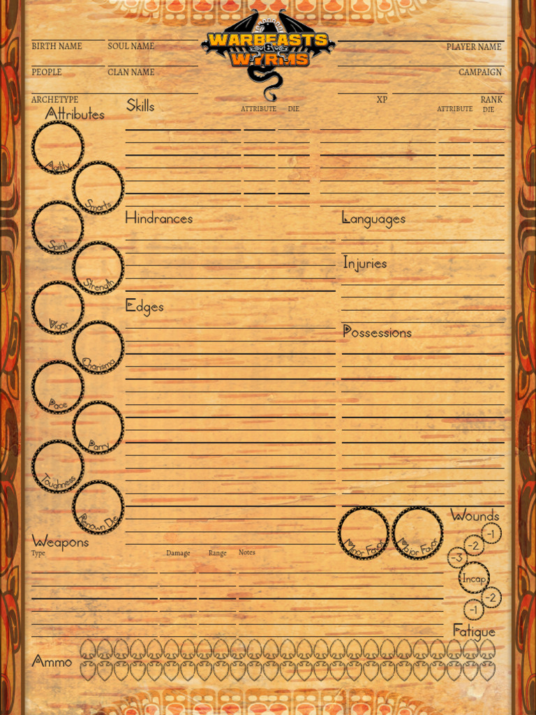 Savage Worlds - Warbeasts & Wyrms - Character Sheet | PDF | Role ...