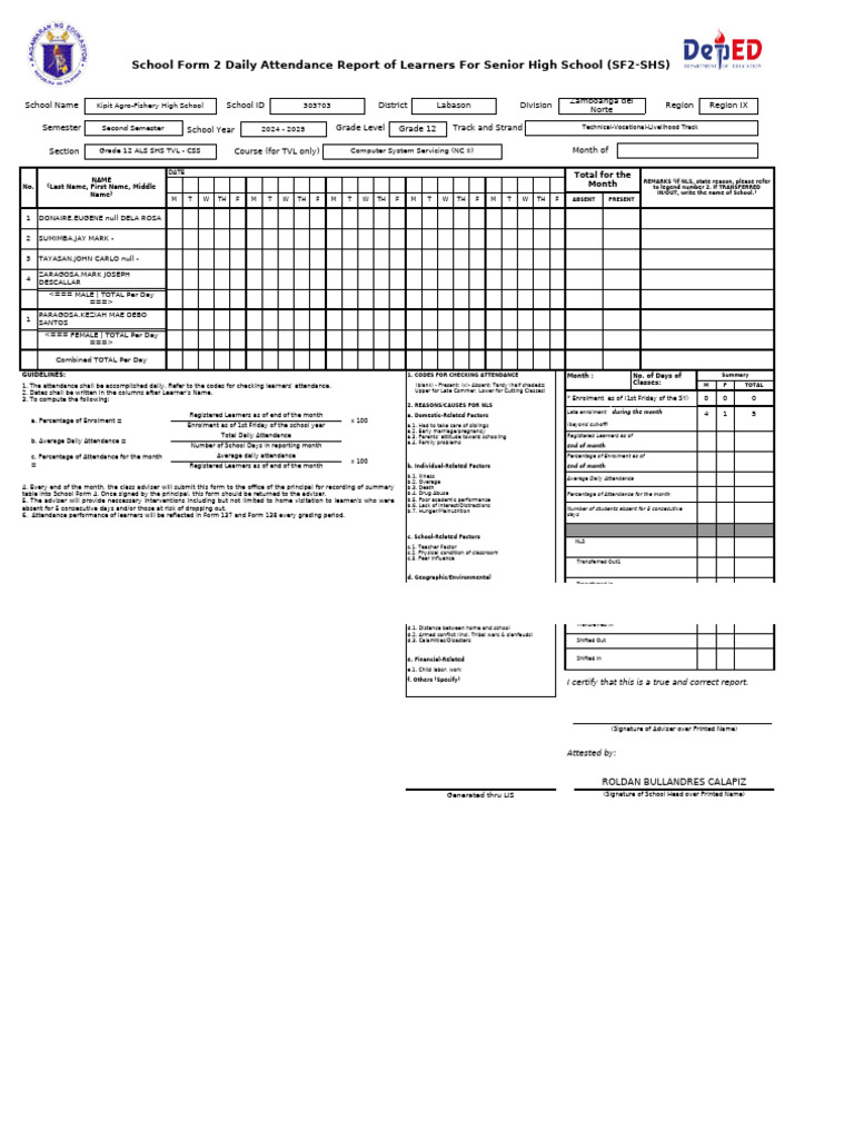 School Form 2 (SF 2) | PDF | Human Development | Youth