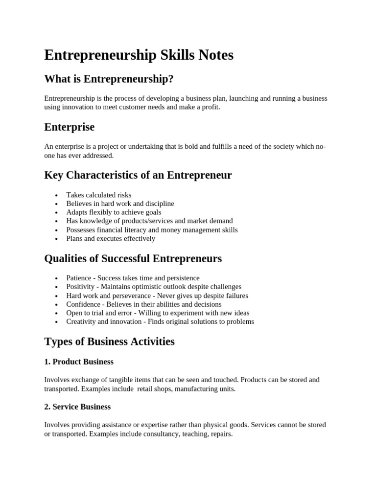 Entrepreneurship Skills Notes | PDF | Entrepreneurship | Economies
