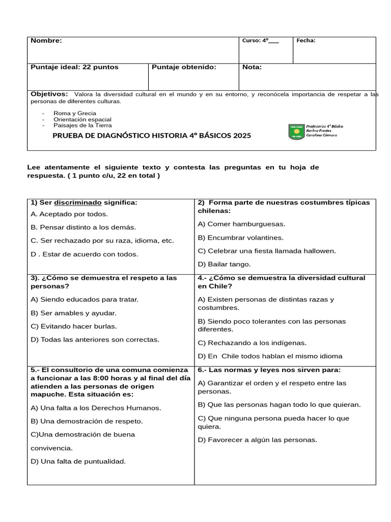 Prueba Diagnóstica de Historia 4° Básicos | PDF | Mapa | Ecuador