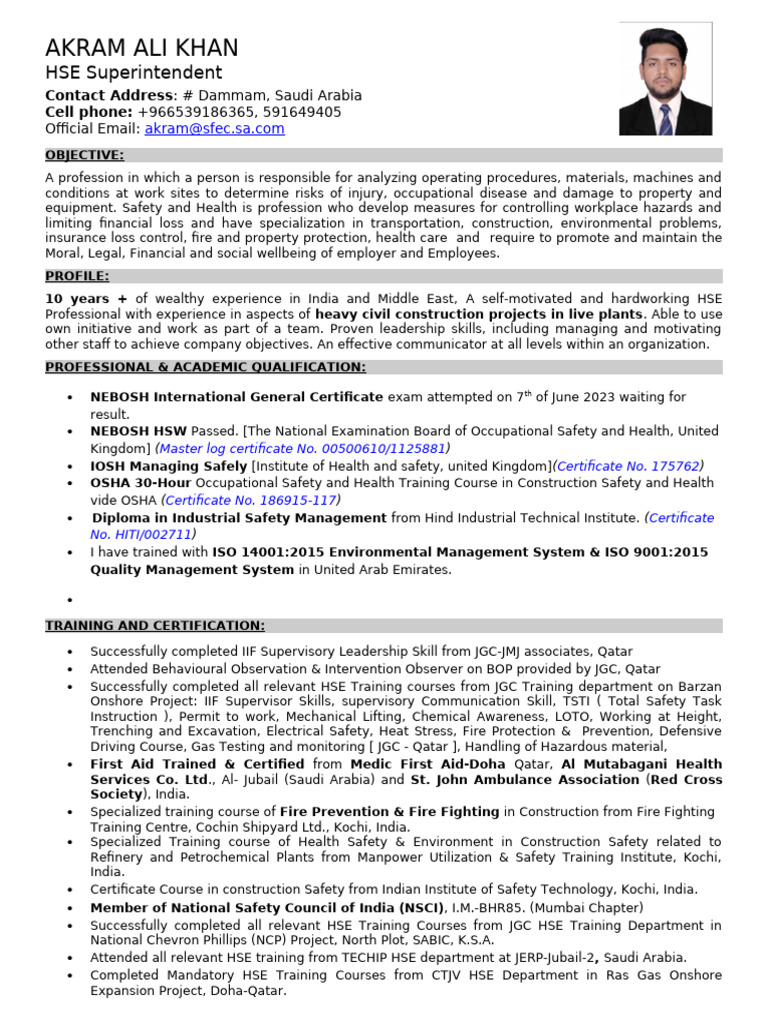 193604383-Resume-HSE-Anup | PDF | Occupational Safety And Health | Safety