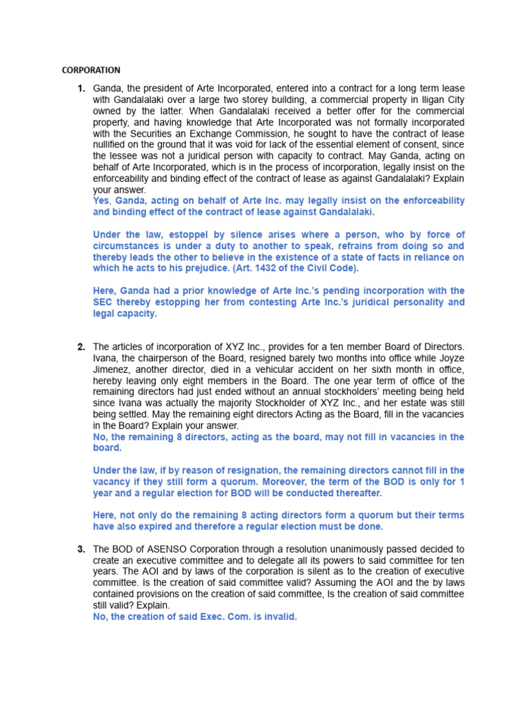 Compiled Corpo Qs and Partial Answers | PDF | Legal Liability ...