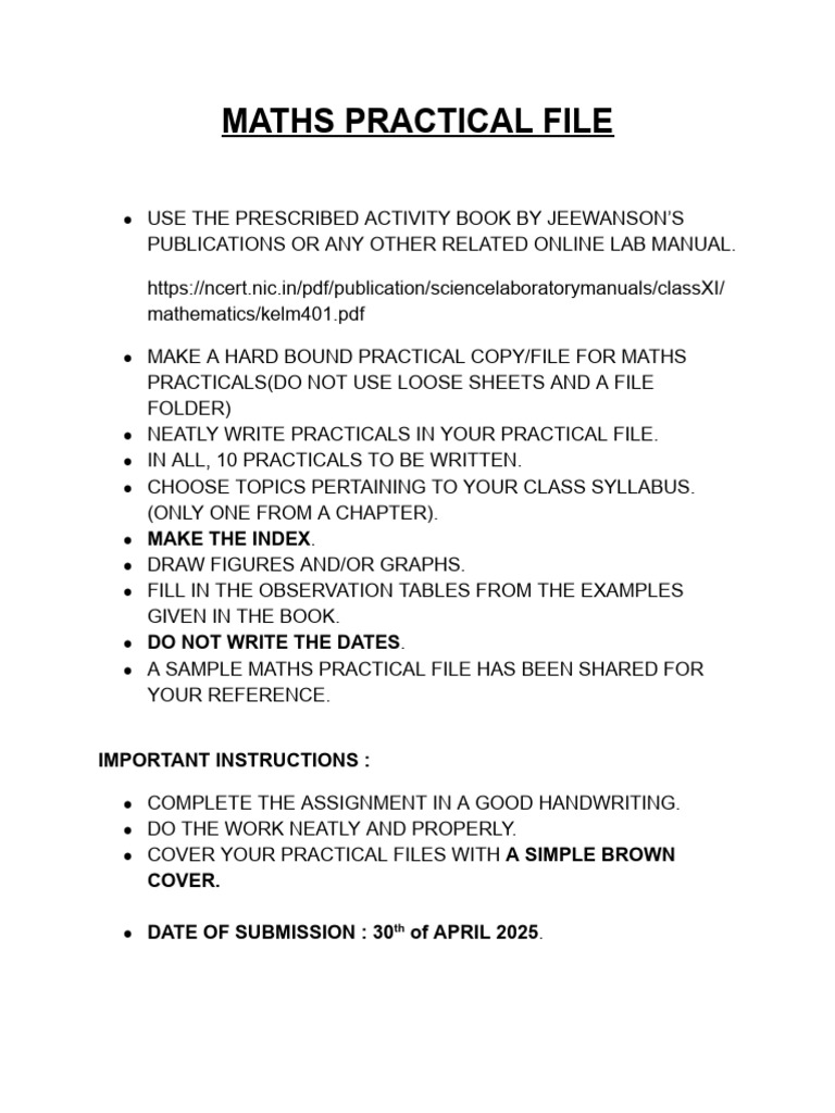 Instructions For The Maths Practical Files | PDF