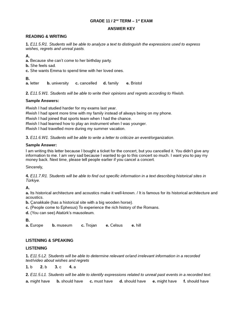 Grade 11 Exam Answer Key: Reading & Writing | PDF | Machu Picchu | Inca ...