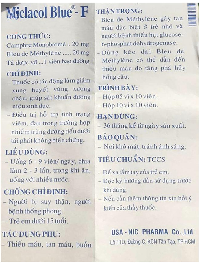 Miclacol Blue F Huong Dan Su Dung Trungtamthuoc | PDF