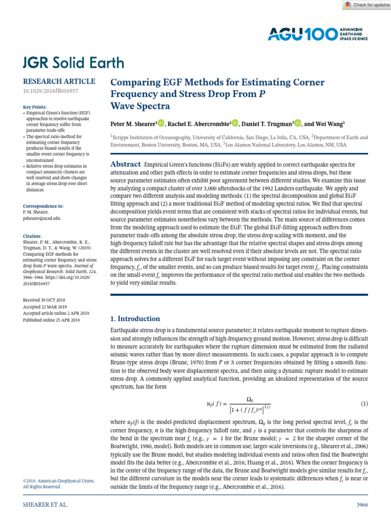 JGR Solid Earth - 2019 - Shearer - Comparing EGF Methods For Estimating ...