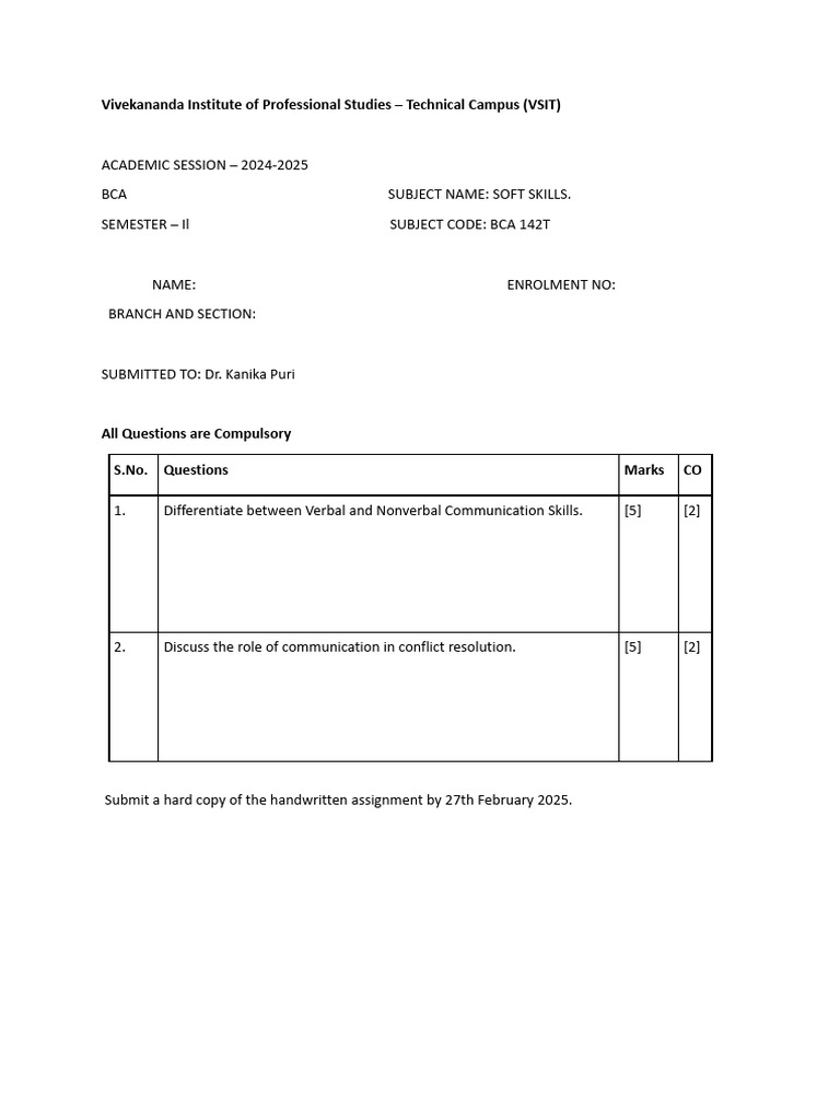 Soft Skills Assignment 1 Unit 2 Sem 2 Vsit | PDF