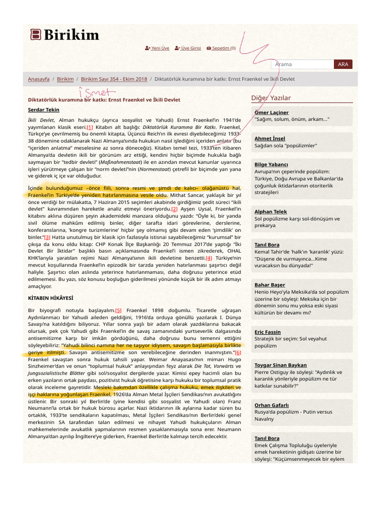 Diktatörlük Kuramına Bir Katkı - Ernst Fraenkel Ve İkili Devlet - Serdar Tekin - Birikim Sayı ...