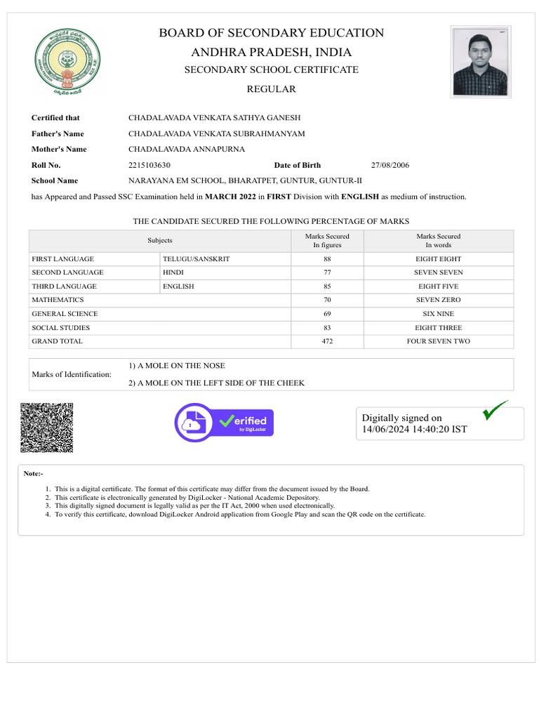 Andhra Pradesh SSC Certificate 2024 | PDF