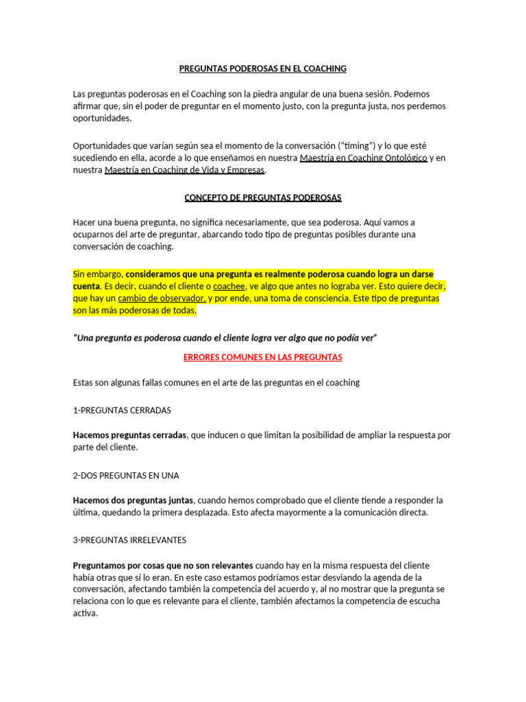 Preguntas Poderosas en Coaching | PDF | Motivación | Motivacional