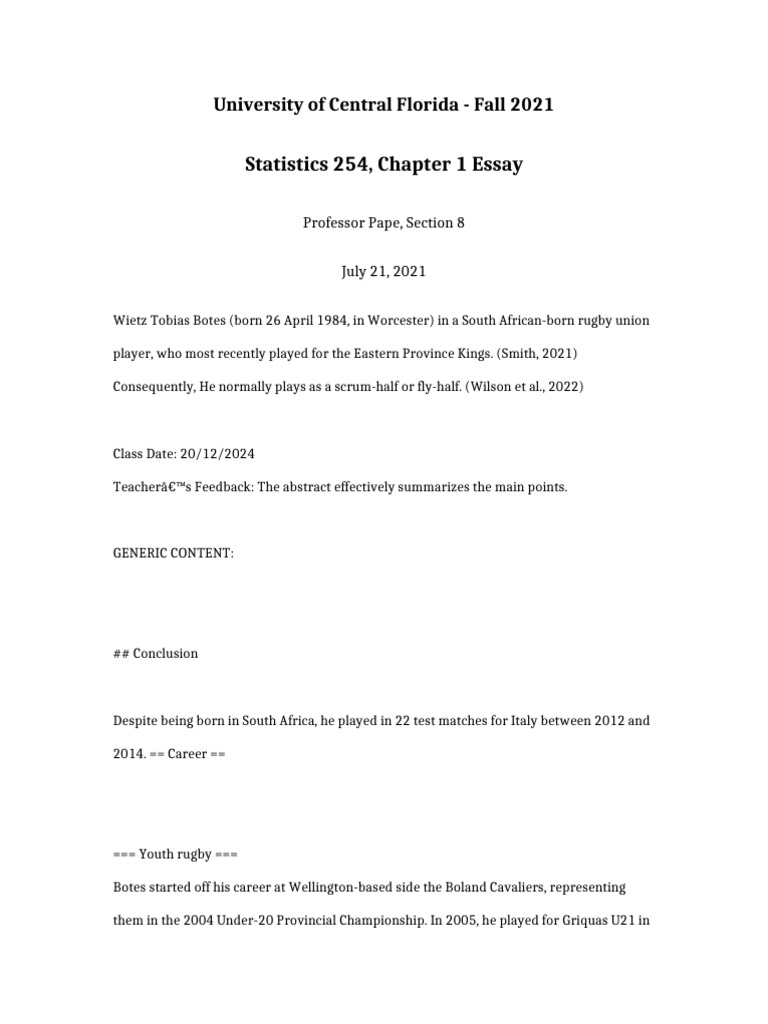 Statistics 254 Chapter 1 Essay | PDF | Rugby Union | Rugby Football