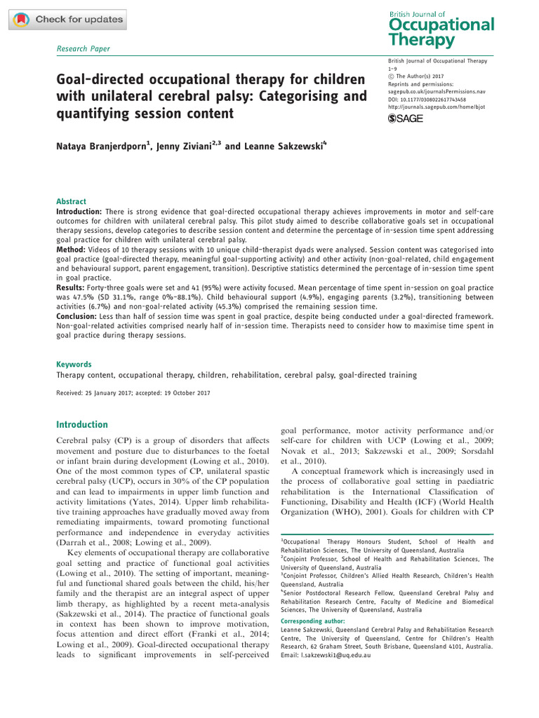 Goal-Directed Occupational Therapy For Children With Unilateral Cerebral Palsy - Categorising ...