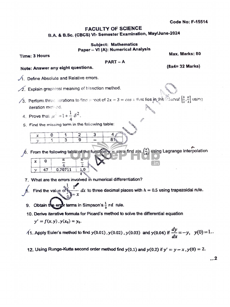 6th Sem Maths Numerical Analysis Previous Question Paper by OU Prep Hub | PDF
