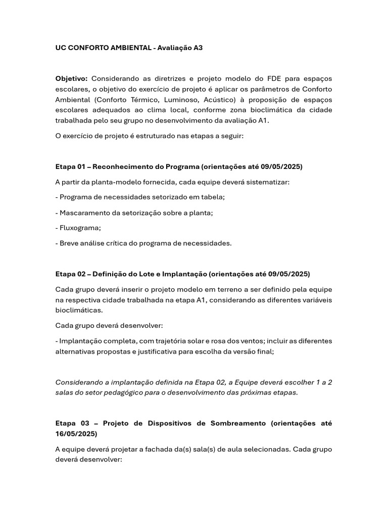 Enunciado A3 - UC CONFORTO AMBIENTAL - Sexta | PDF