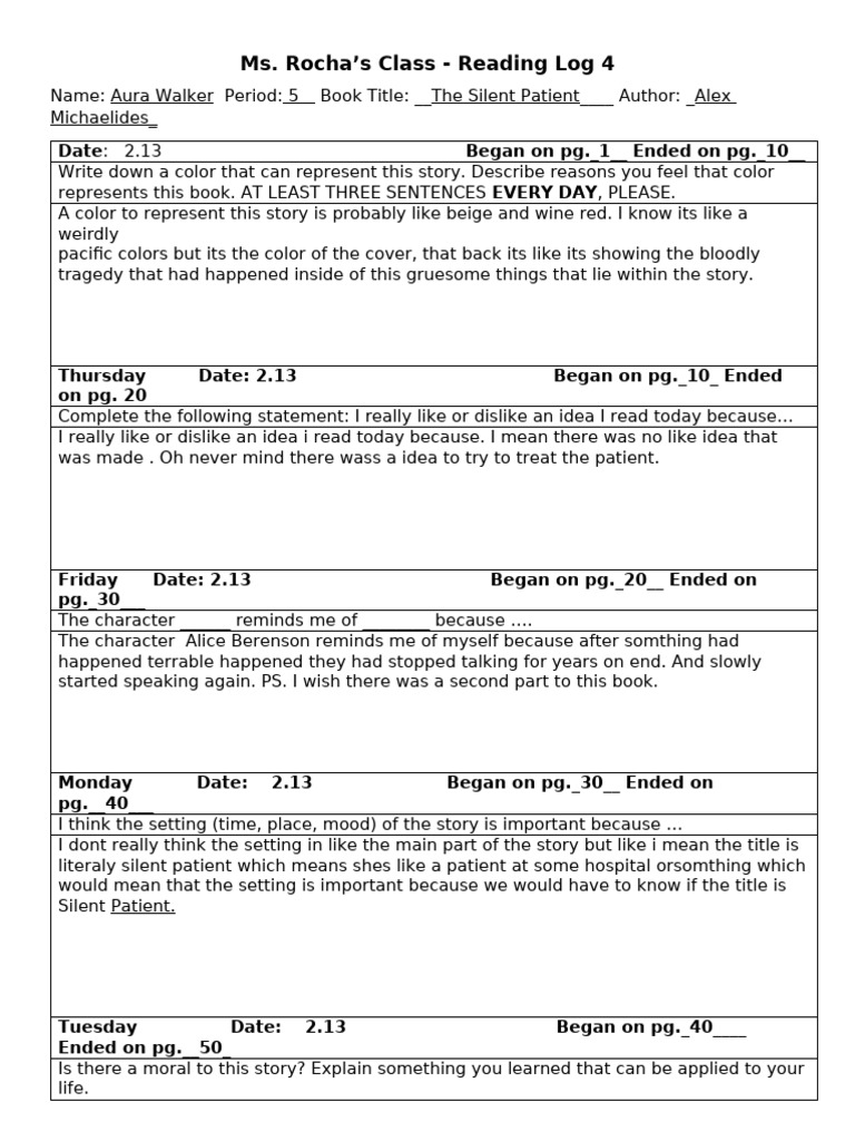 Reading Log for "The Silent Patient" | PDF