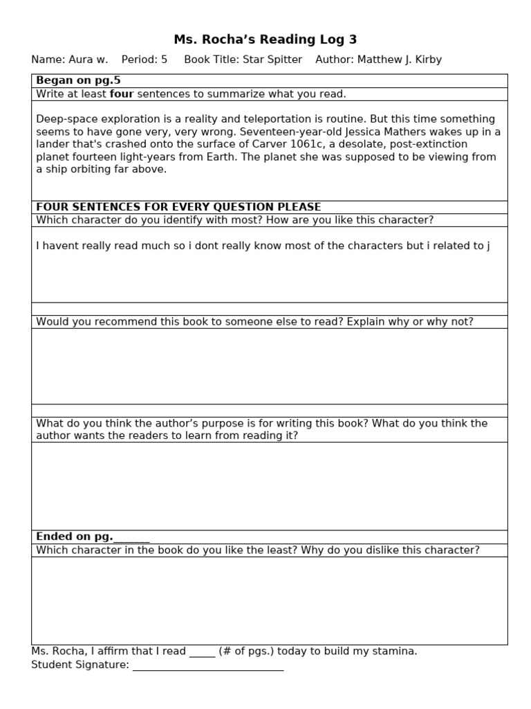 Ms. Rocha's Reading Log: Star Spitter | PDF
