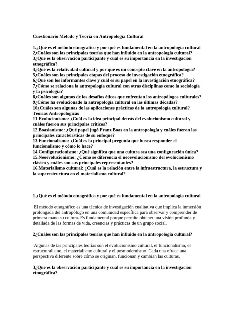 Cuestionario sobre Antropología Cultural | PDF | Antropología cultural ...
