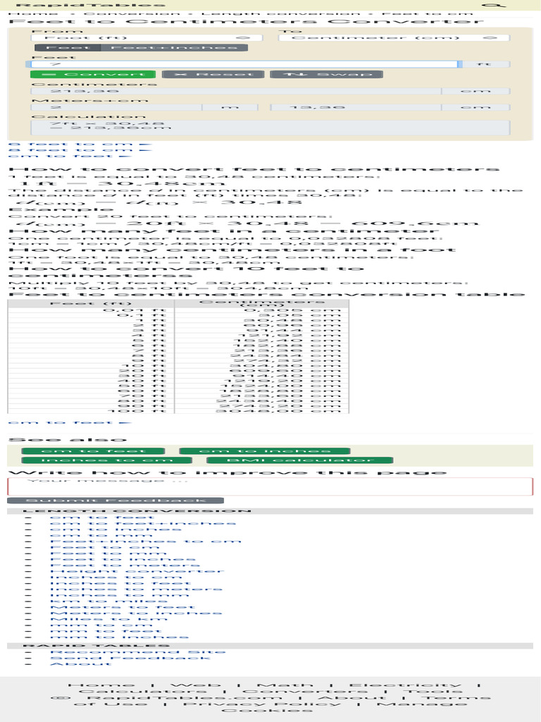 7 Feet To CM Conversion | PDF | Foot (Unit) | Quantity