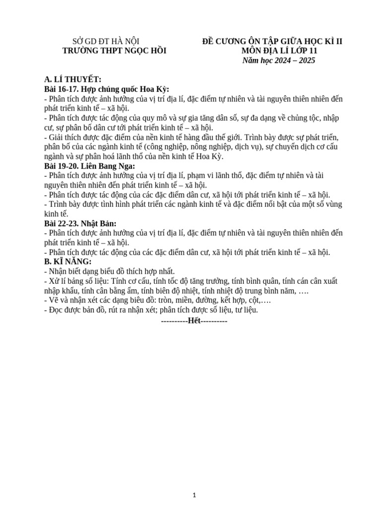 Đề cương giữa HKII - ĐL 11 (2024-2025) | PDF