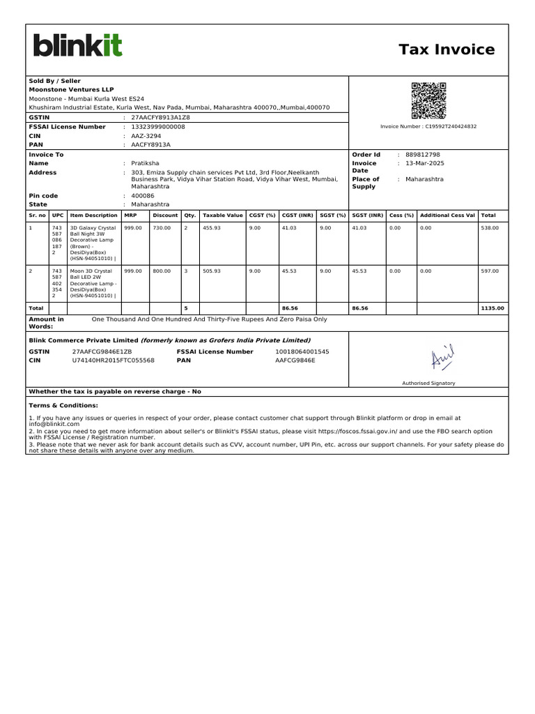 Tax Invoice for Decorative Lamps | PDF | Invoice | Taxes
