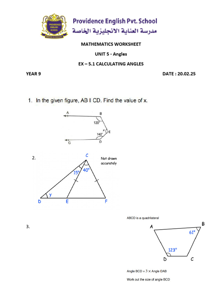 Year 9 Angles Calculation Worksheet | PDF