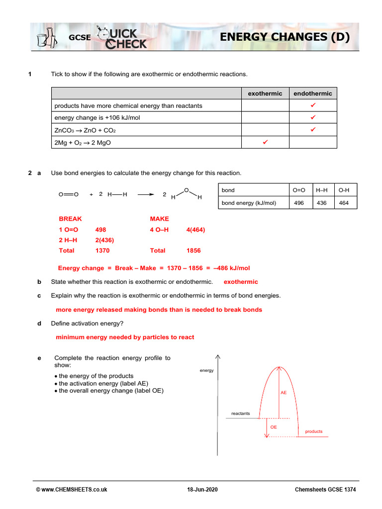 Chemsheets GCSE 1374 QC Energy Changes D ANS | PDF