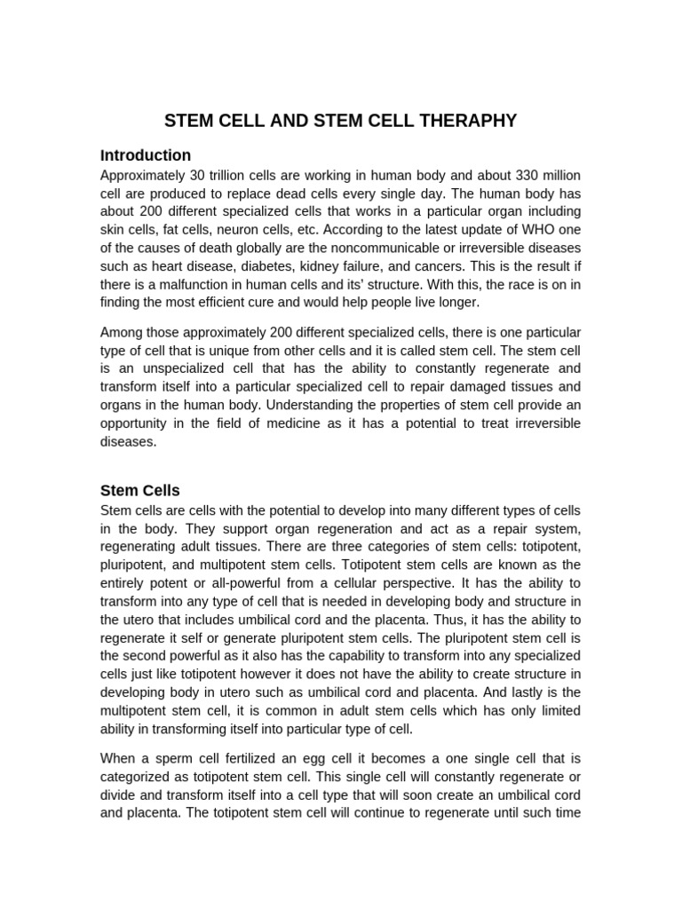 Stem Cells and Stem Cell Therapy | PDF | Stem Cell | Cell Potency