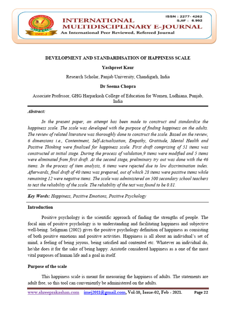 Development and Standardization of Happiness Scale | PDF | Standard ...