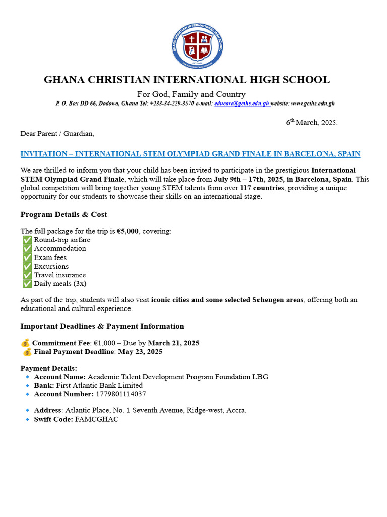 INVITATION – INTERNATIONAL STEM OLYMPIAD GRAND FINALE IN BARCELONA ...