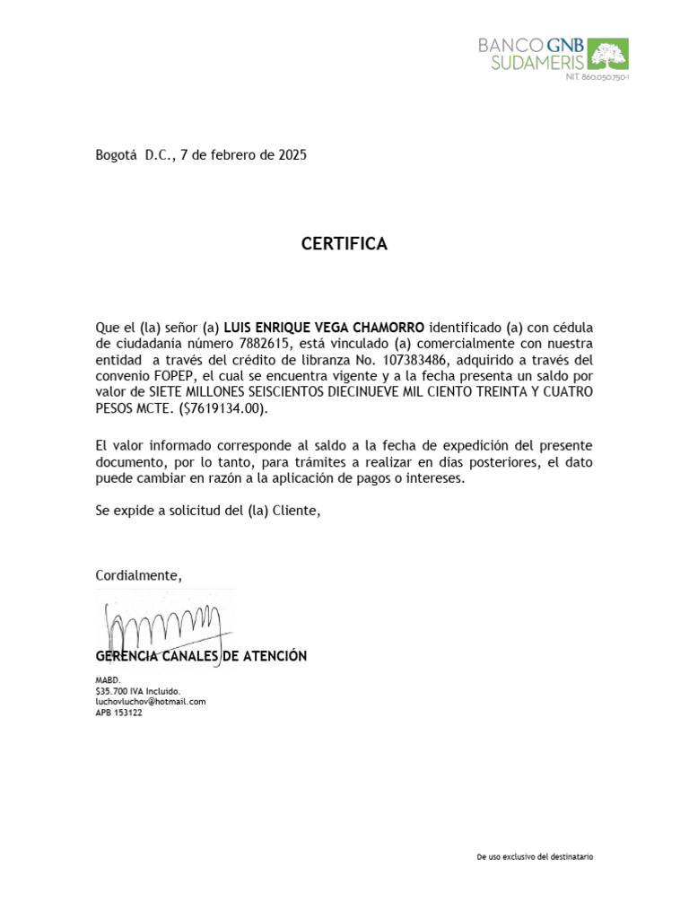 Certifica: Luis Enrique Vega Chamorro | PDF