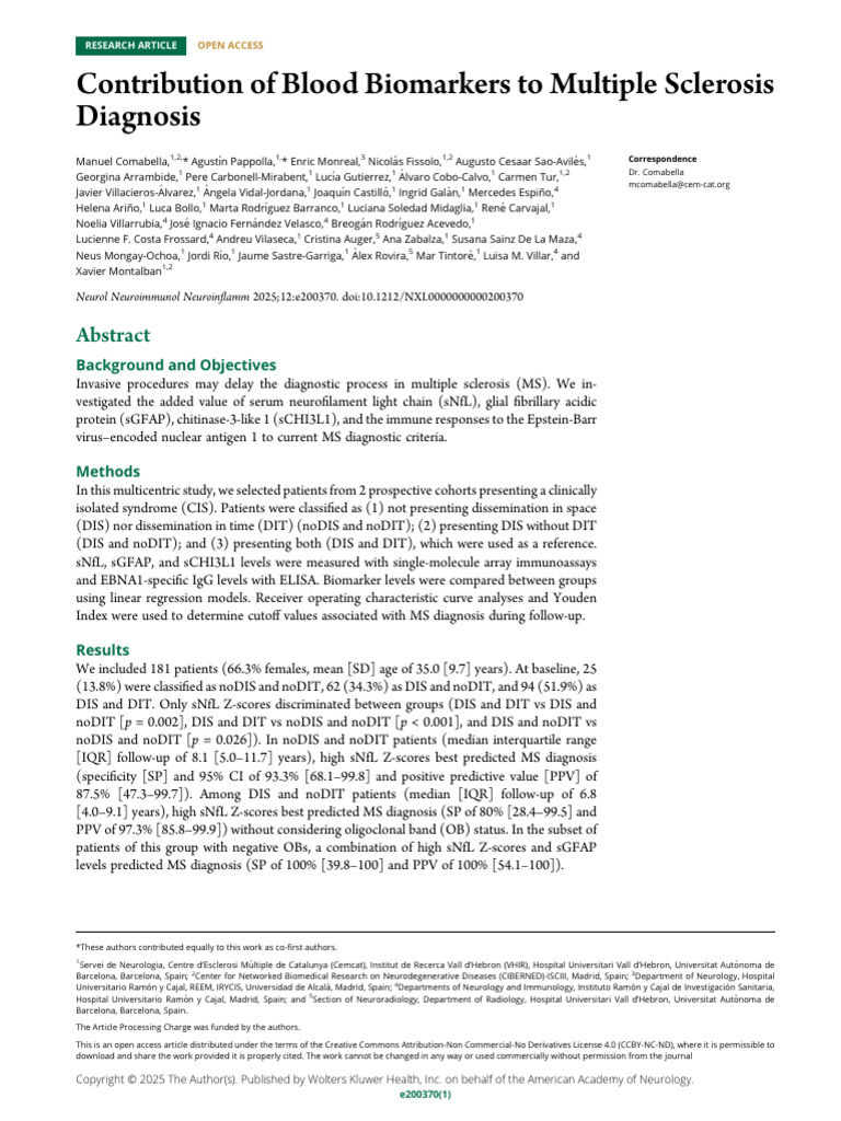 Comabella Et Al 2025 Contribution of Blood Biomarkers To Multiple Sclerosis Diagnosis | PDF ...