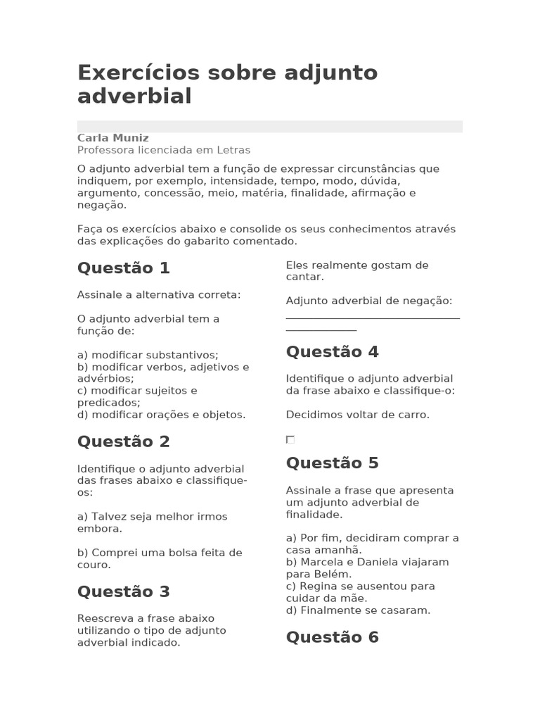 Exercícios Sobre Adjunto Adverbial | PDF | Famílias linguísticas