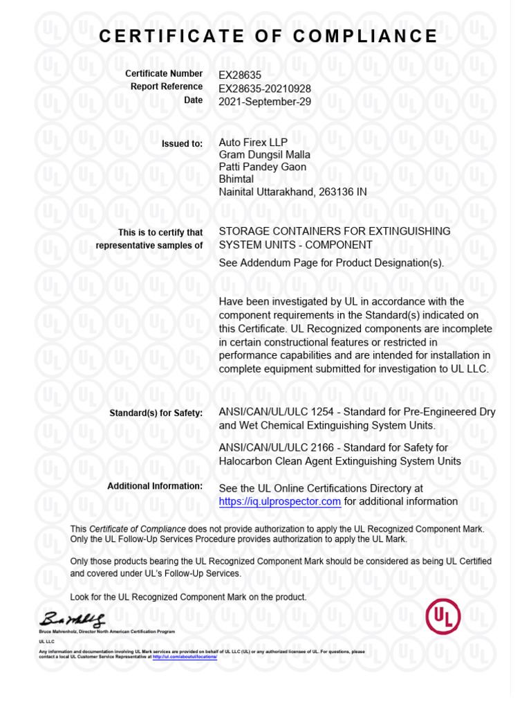 AutoFireX UL COC EX 28635 for Storage Containers- cylinders for ...