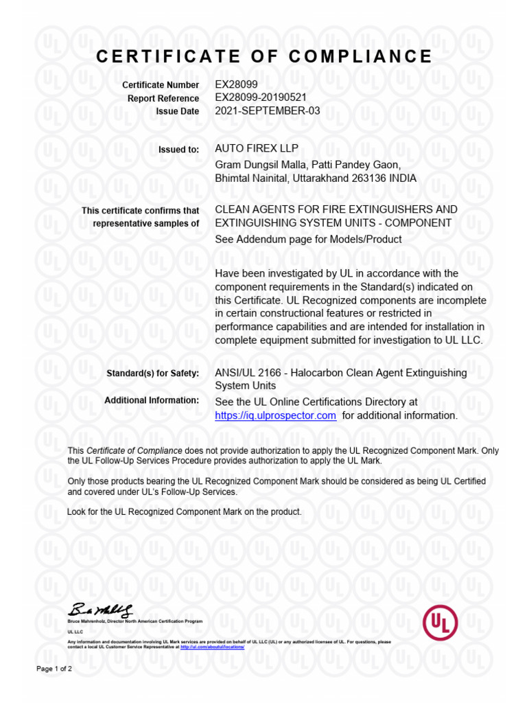 AutoFireX UL COC FOR CLEAN AGENTS FOR FIRE EXTINGUISHERS AND ...