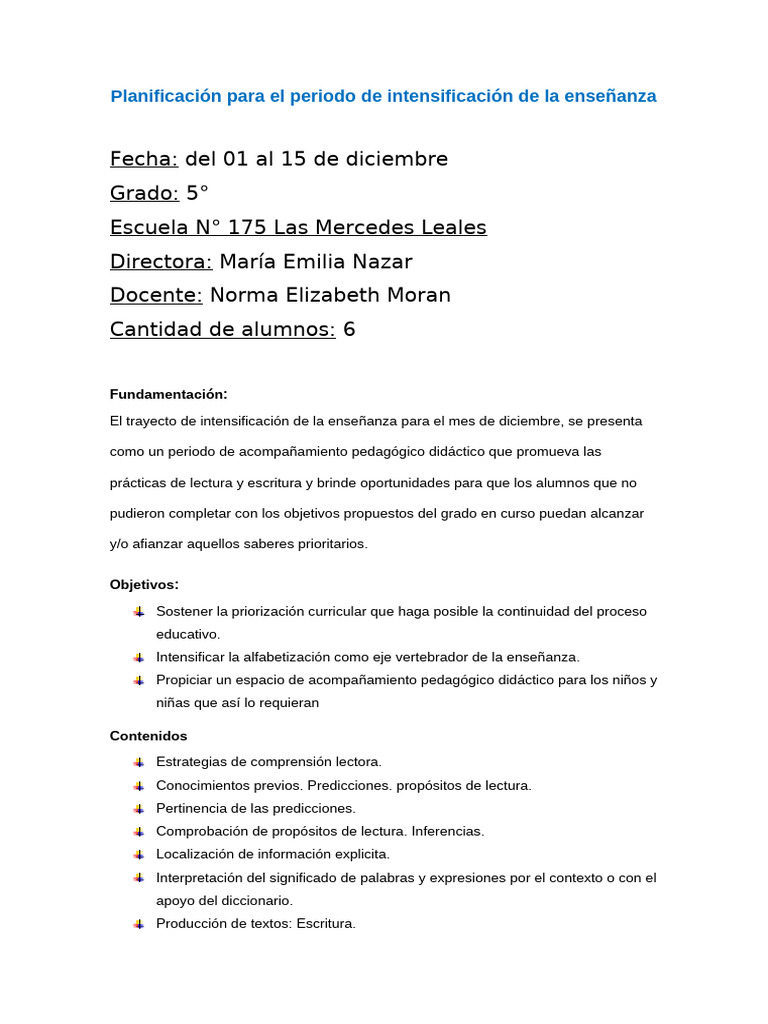 Planificacion para El Periodo de Intensificación de La Enseñanza | PDF