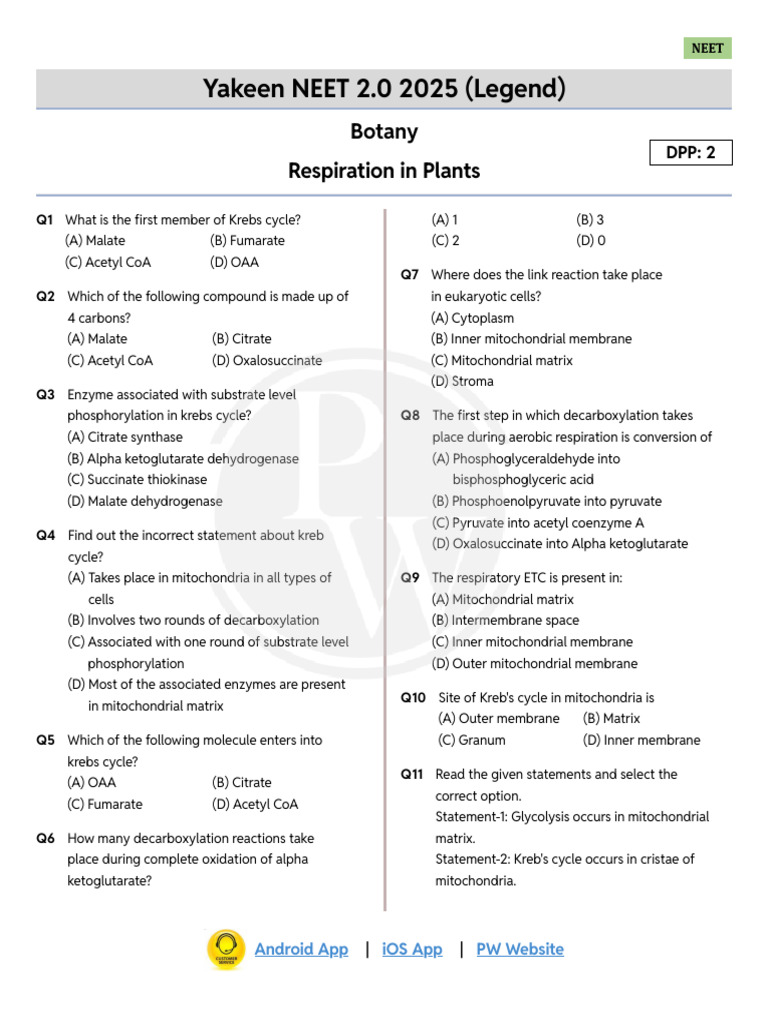 Respiration in Plants - DPP 02 (Of Lec 03) - Yakeen NEET 2.0 2025 (Legend) | PDF | Citric Acid ...
