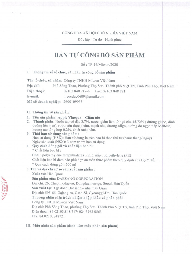 DAESANG - TCB Giấm Táo | PDF