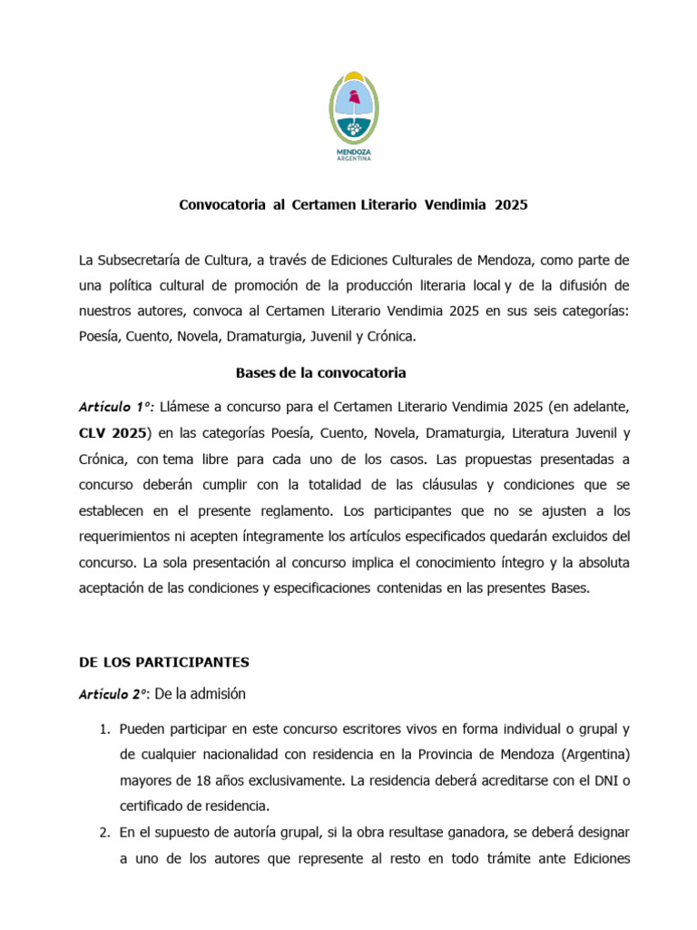 Bases Certamen Vendimia Literario 2025 | PDF | Publicación | Autor