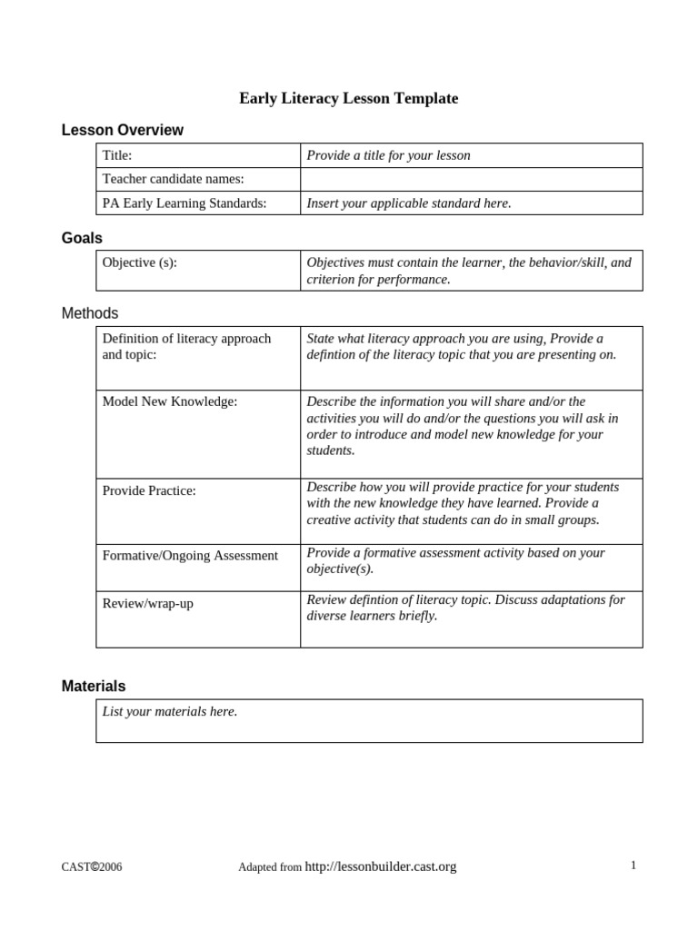 Early Literacy Lesson Template (2) | PDF
