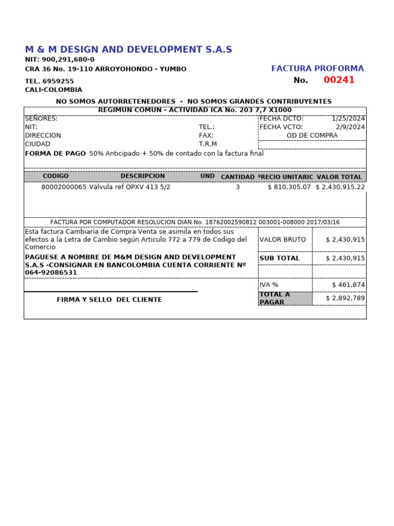 Factura Proforma M&M Design S.A.S | PDF