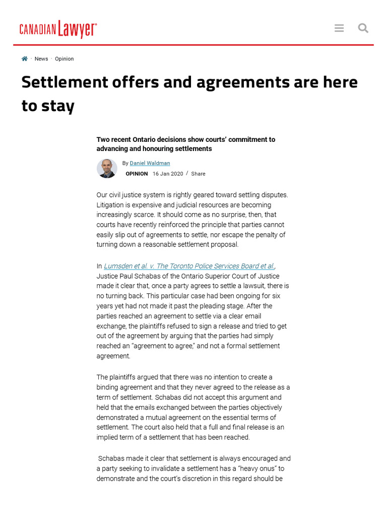 Settlement Offers and Agreements Are Here To Stay - Canadian Lawyer ...