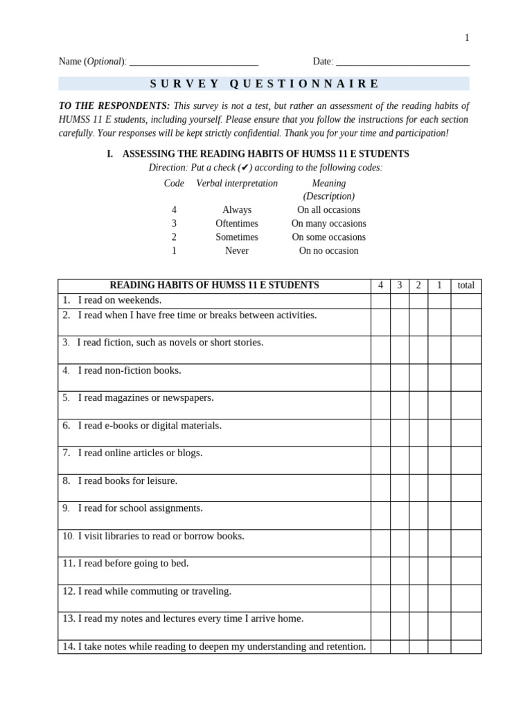 Survey Questionnaire | PDF