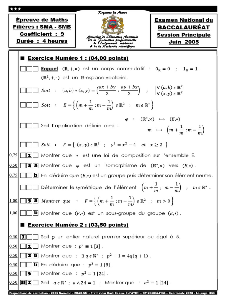 Corrigé Examen Math Bac 2005 Maroc | PDF | Objets mathématiques ...
