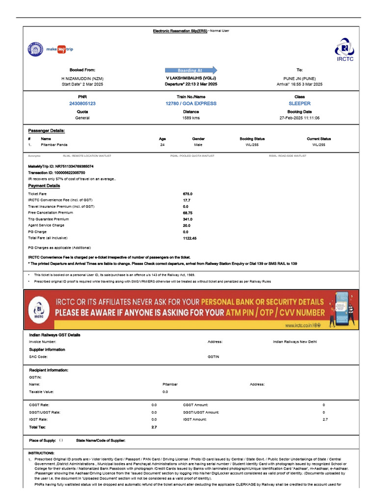 Electronic Reservation Slip for Train Travel | PDF | Identity Document
